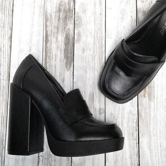 Shoes | New Black Square Toe Platform Penny Loafers Chunky Heels | Poshmark